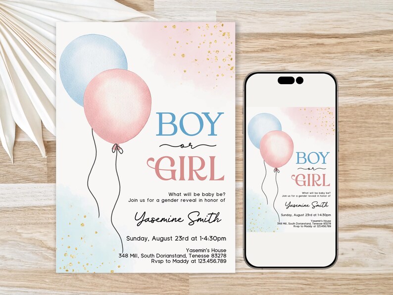 Editable Blue Pink Balloon Gender Reveal Party Invitation, Minimalist ...