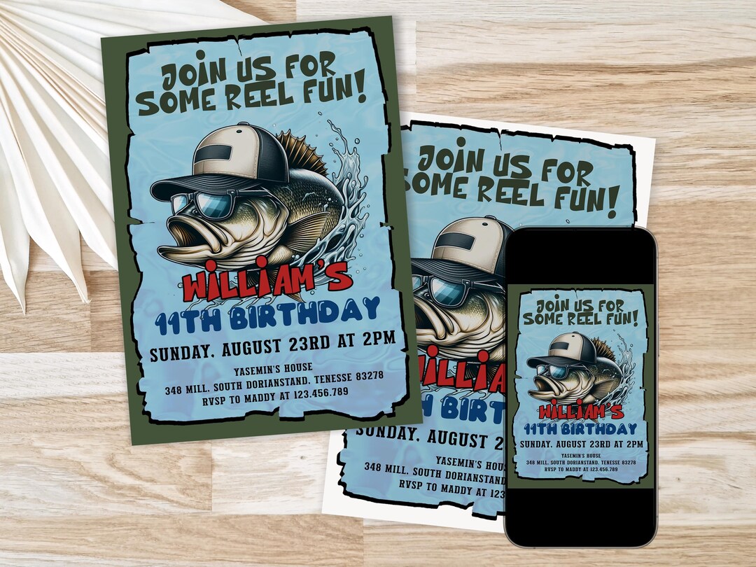 Editable Fishing Bass Birthday Invitation, Reel in the Fun, Blue Green ...
