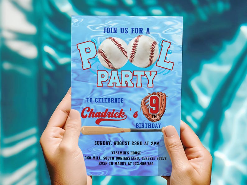 Editable Baseball Pool Party Invitation, Modern Summer Baseball ...
