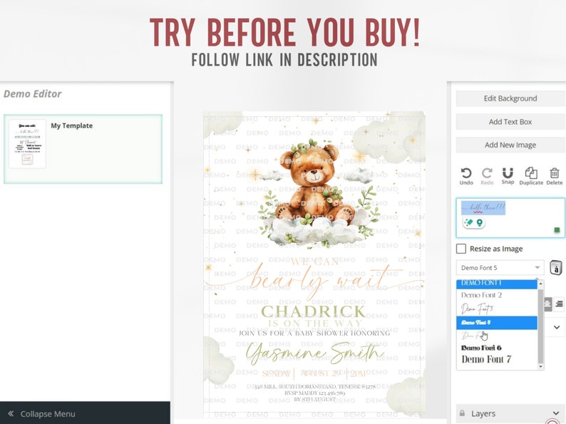 Invitación de oso boho, invitación a la ducha de oso verde, plantilla ...