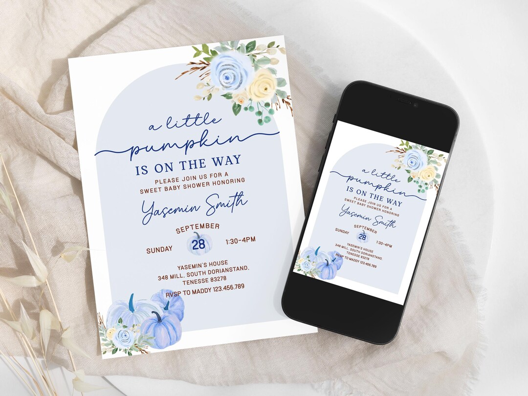 Minimalist Fall Pumpkin Baby Shower Invitation, Editable Floral Blue ...