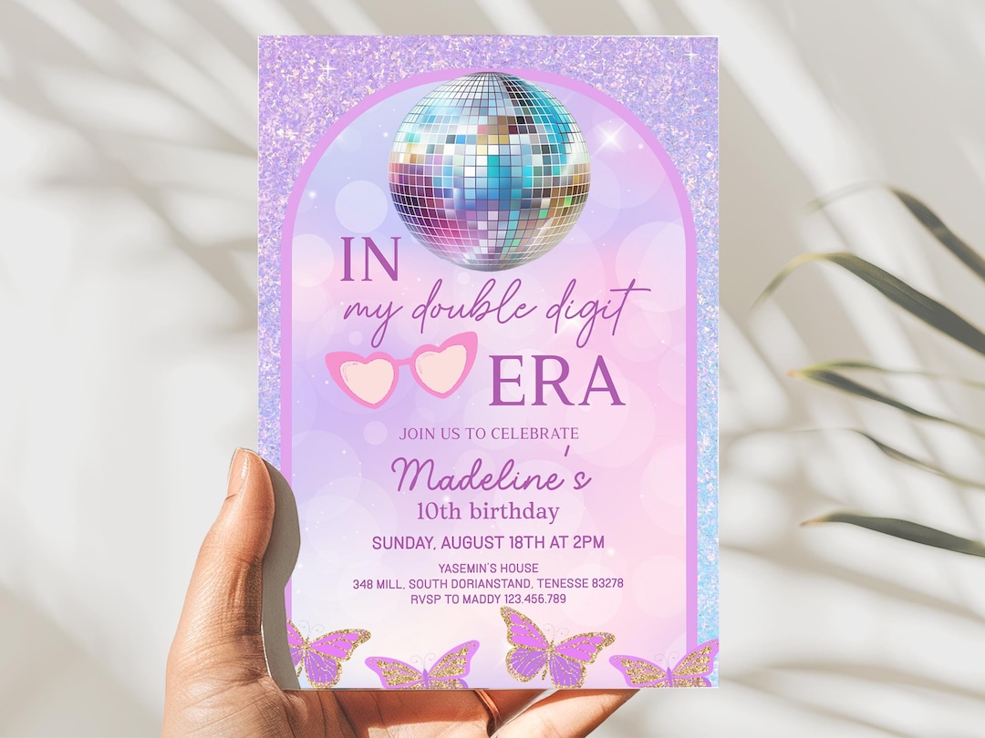 In My Double Digit Era Birthday Invite, Purple Blue Disco Glitter Girls ...