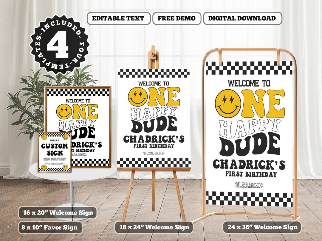 One Happy Dude Birthday Welcome Sign, Editable One Happy Dude Favors ...