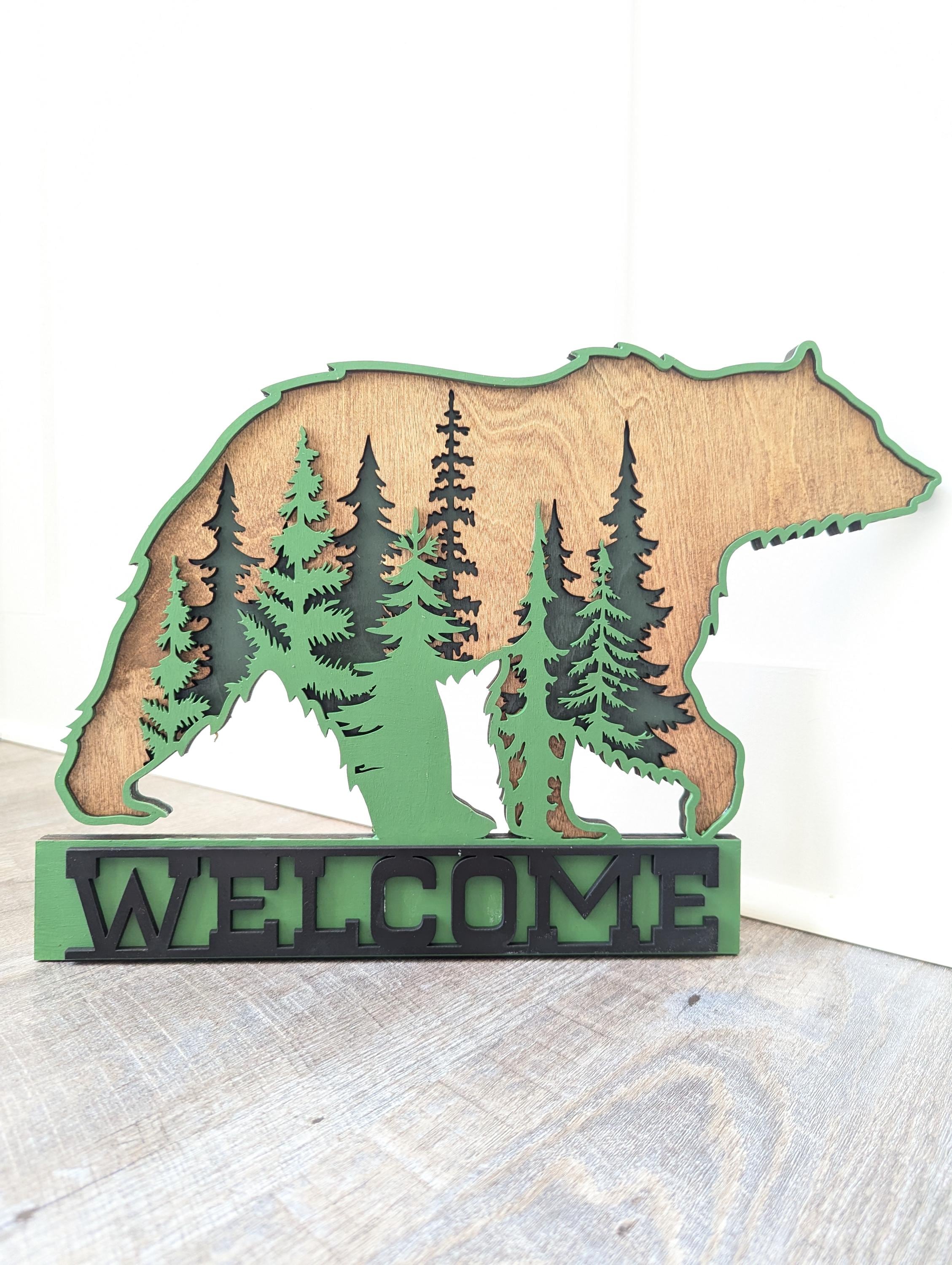 Rustic Cabin Bear Forest Welcome Sign - Handcrafted Wood Décor for Cozy ...