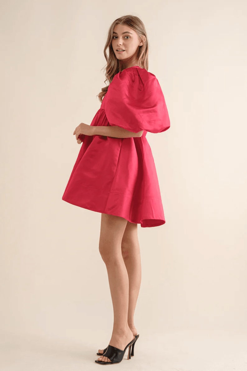 Women's Solid Woven Balloon Puff Mini Dress - Chic Fashionable Mini ...