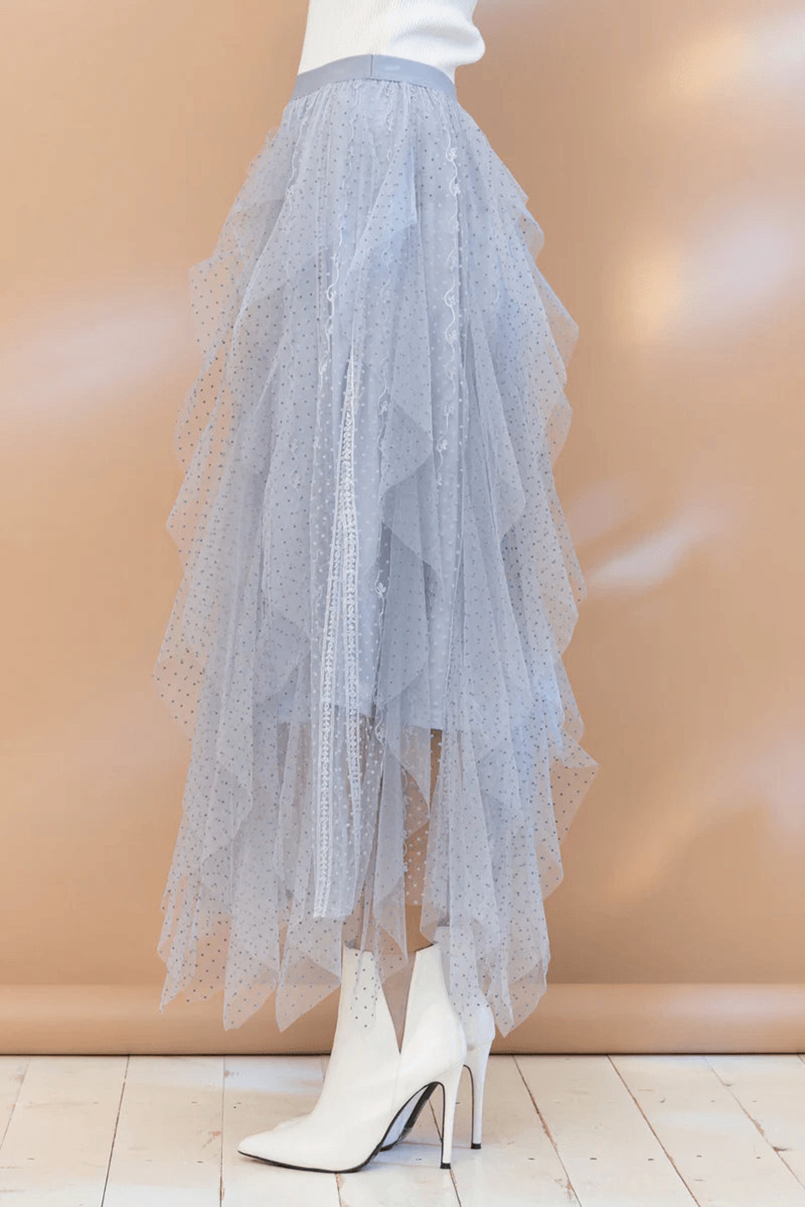 Women's Swiss Dot Tulle Mesh Ruffle Maxi Skirt, Boho Long Ruffle Skirt ...