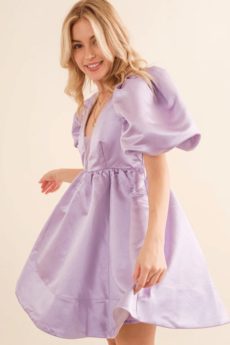 Women's Solid Woven Balloon Puff Mini Dress - Chic Fashionable Mini ...