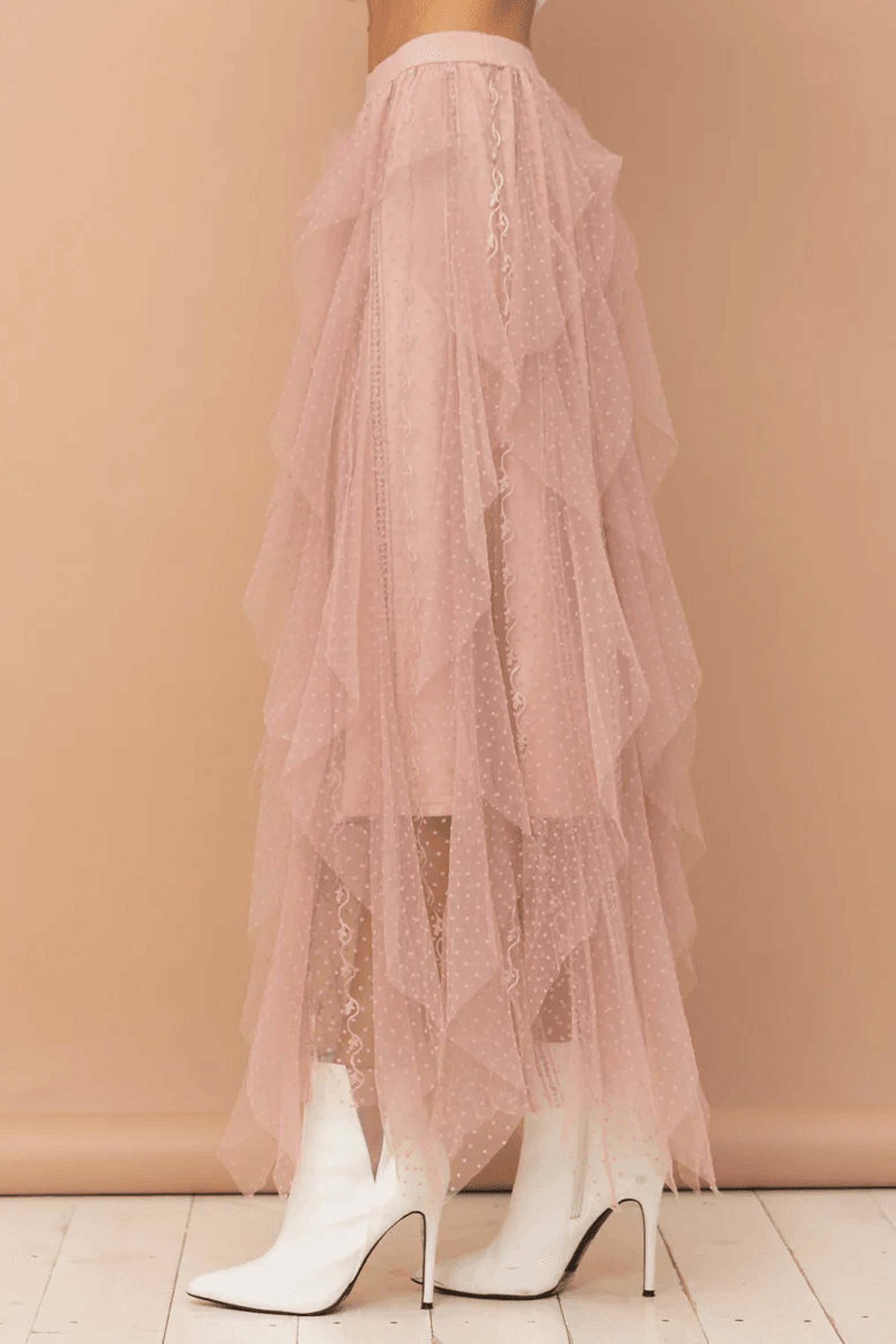 Women's Swiss Dot Tulle Mesh Ruffle Maxi Skirt, Boho Long Ruffle Skirt ...