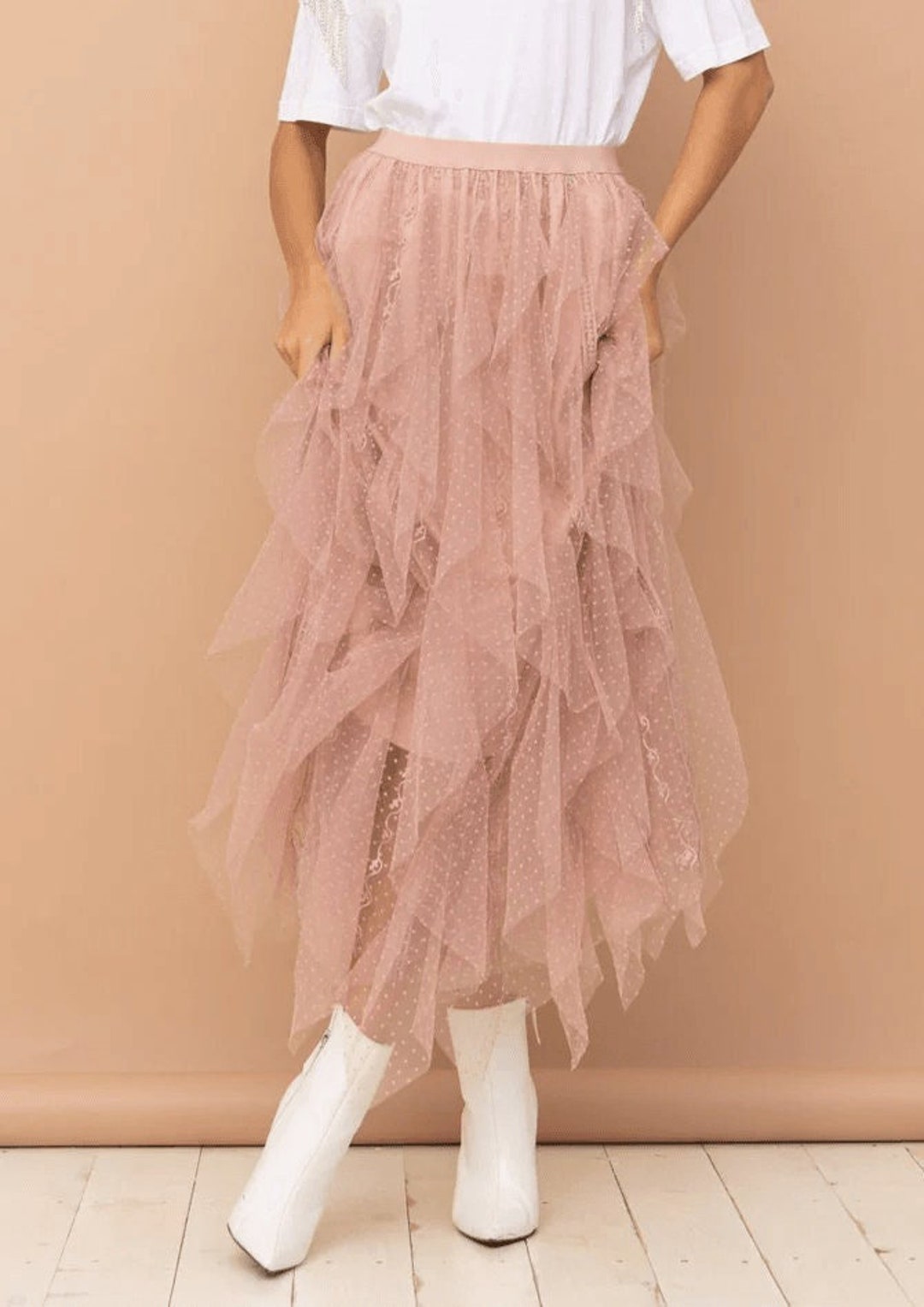 Women's Swiss Dot Tulle Mesh Ruffle Maxi Skirt, Boho Long Ruffle Skirt ...