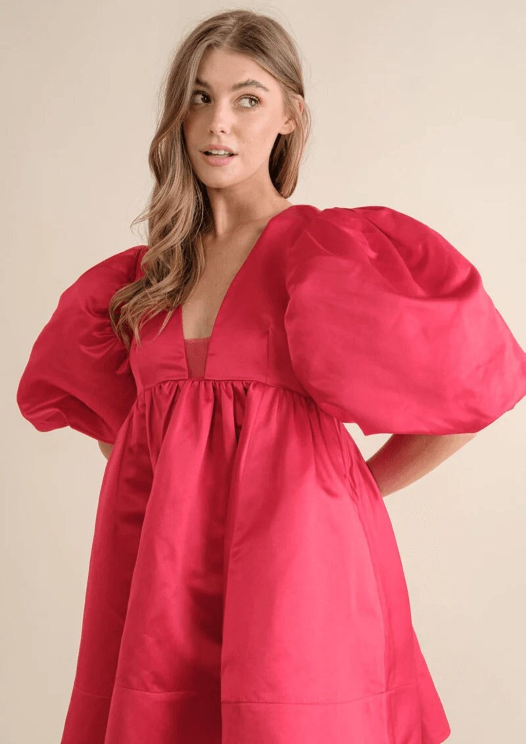 Women's Solid Woven Balloon Puff Mini Dress - Chic Fashionable Mini ...