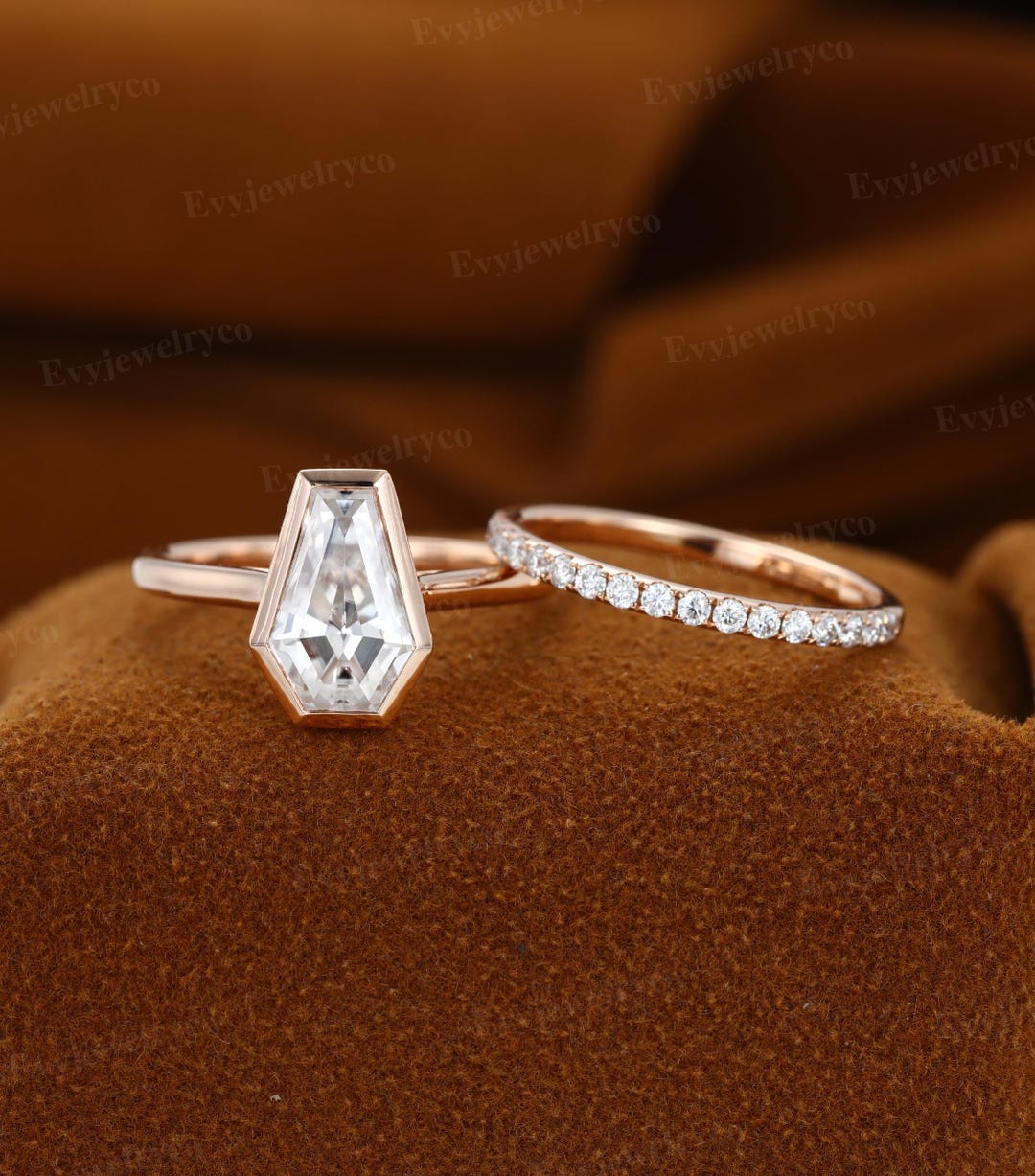 Coffin Shape Moissanite Engagement Ring Set Rose Gold Bezel Solitaire ...