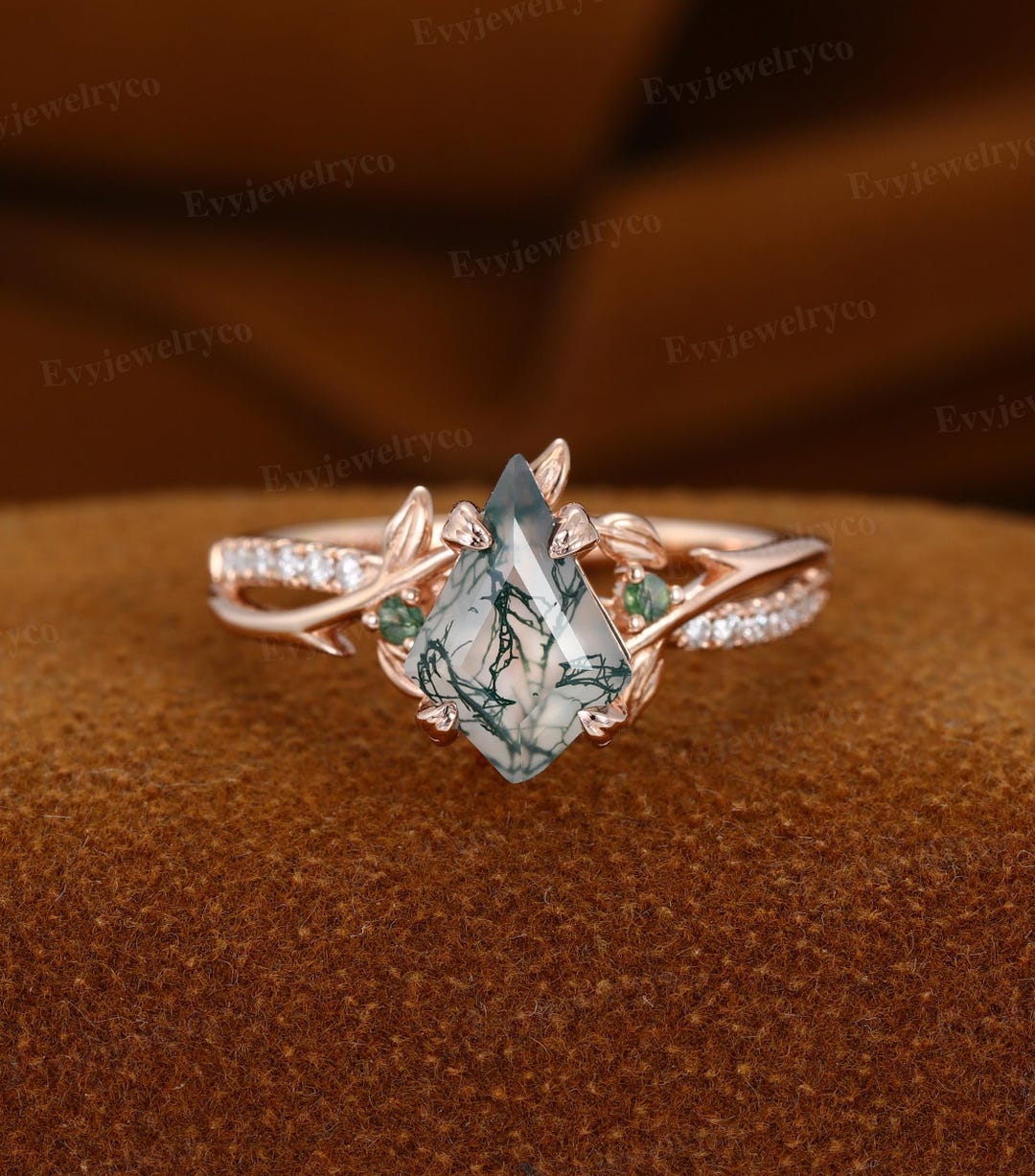 Nature Inspired Kite Cut Moss Agate Engagement Ring Vintage Rose Gold ...