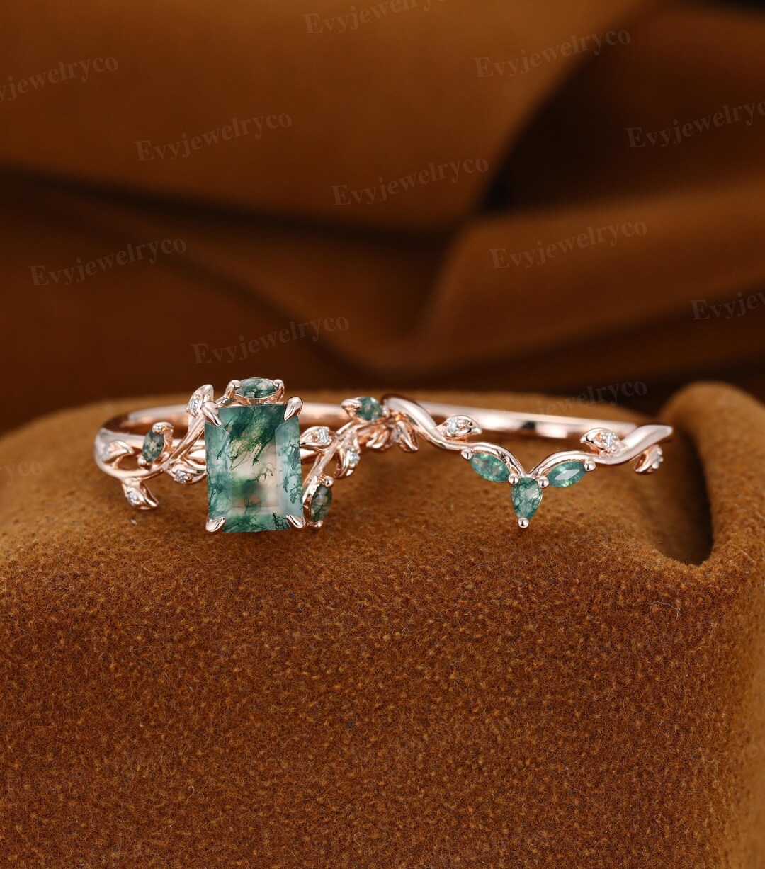 Nature Inspired Emerald Cut Moss Agate Engagement Ring Set Vintage Rose ...