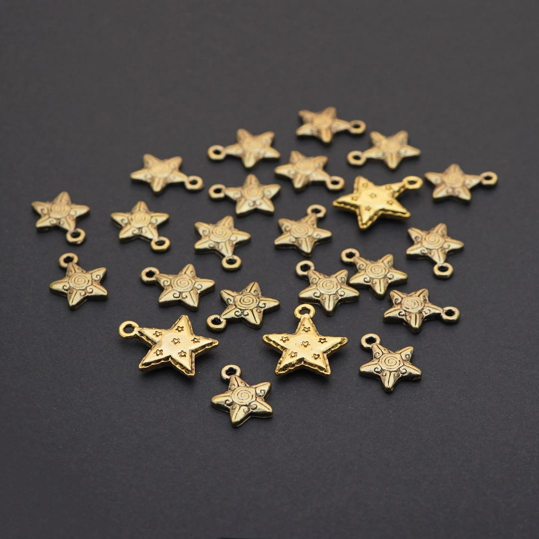 23 Pcs Flat Star Charms, Two Sizes Gold Plated Pewter, Spiral Design ...