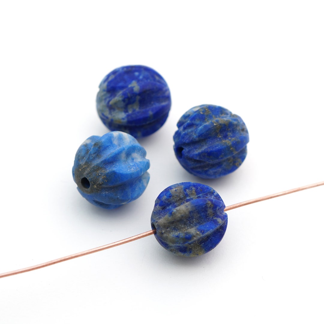 4 Pcs Hand Carved Fluted Round Lapis Beads, Opaque Matte Finish Blue ...