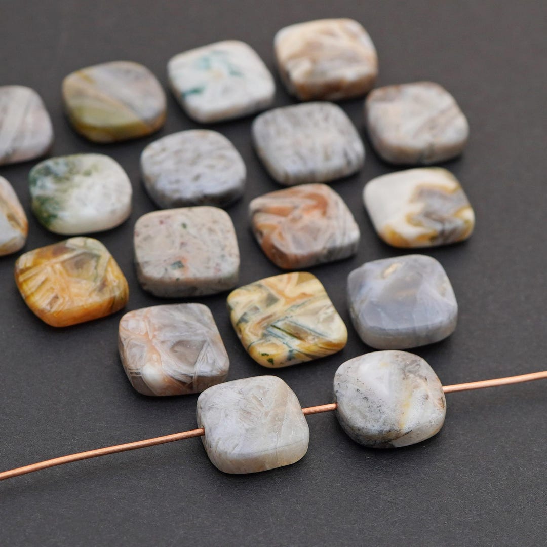 18 Pcs Small Flat Square Bamboo Leaf Agate Beads, Patterned ...