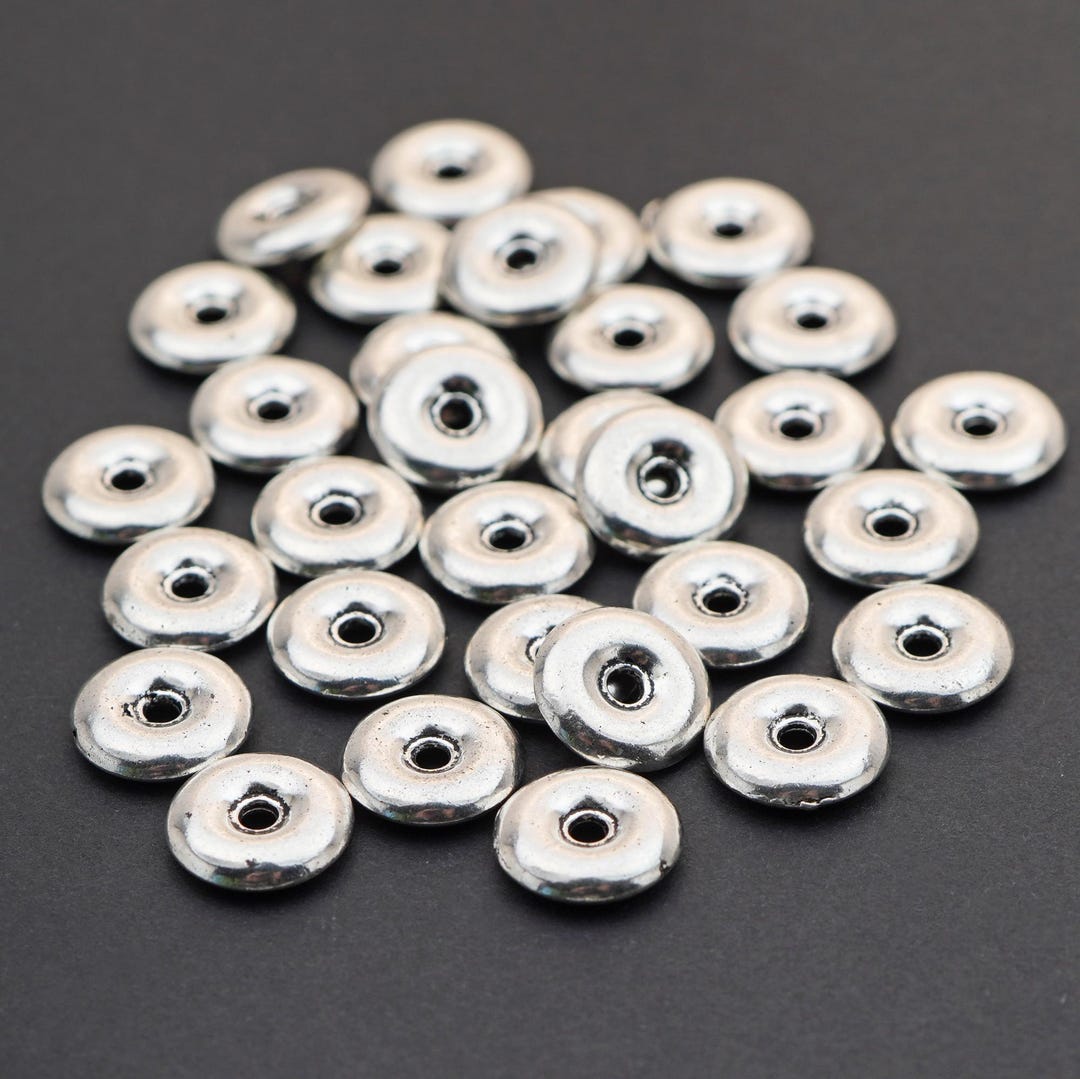 30 Pcs Flat Round Silver Tone Donut Beads, Plain Base Metal Rondelles ...