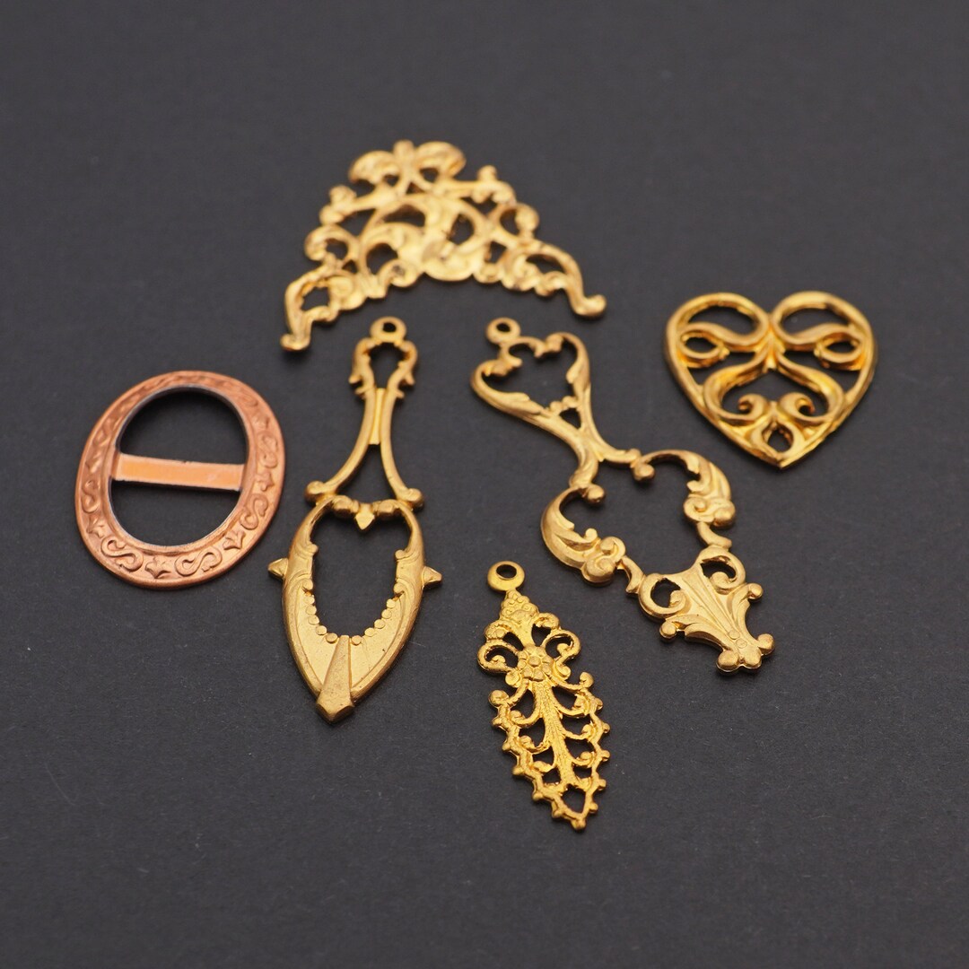 6 Pcs Assorted Filigree Brass Stampings and Charms, Vintage Metal, Asst ...