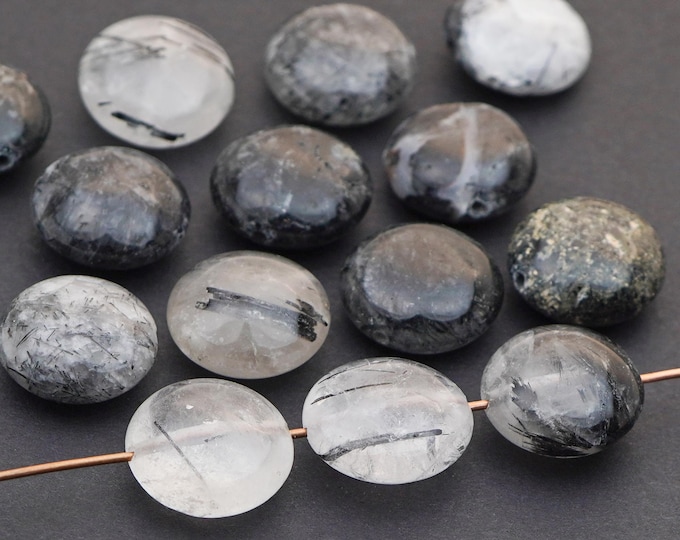 14 Pcs Tourmalated Quartz Lentil Beads, Flat Round Opaque White and ...