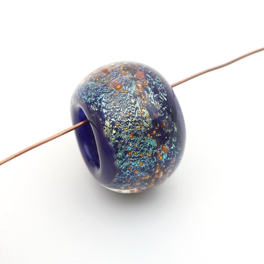 Large Hole Boro Glass Bead, Blue Copper Borosilicate Lampwork, 12mm ...