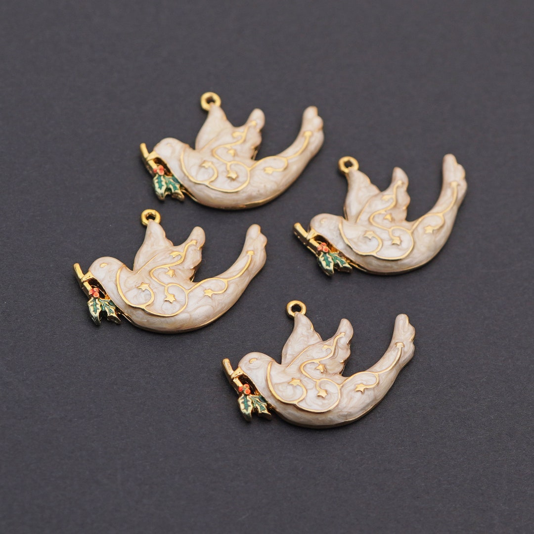 4 Pcs Christmas Dove Charms, off White Base Metal Enamel Charms, Gold ...