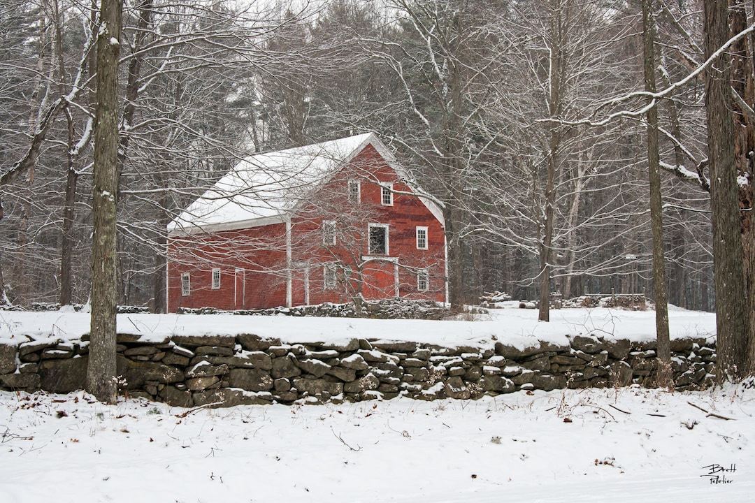 Winter Barn Landscape Photography Print: Red Barn, Stone Wall - Etsy