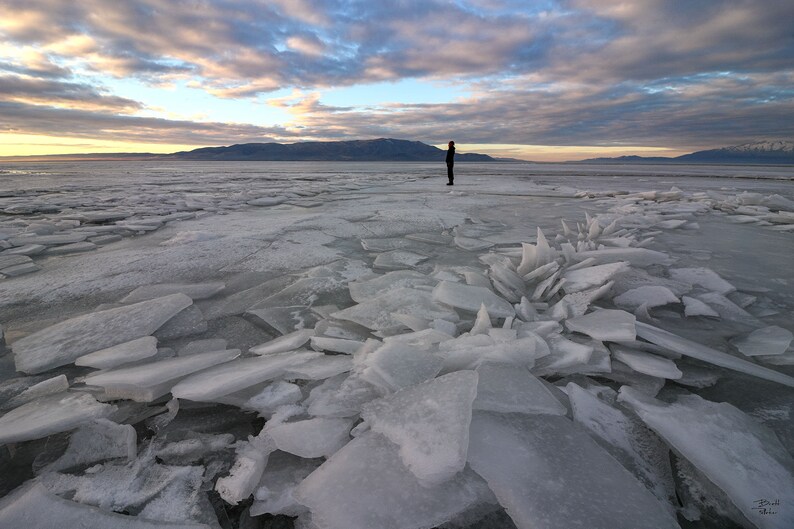 Utah Lake Sunset Photograph: Ice Sheets and Hiker Art Print - Etsy
