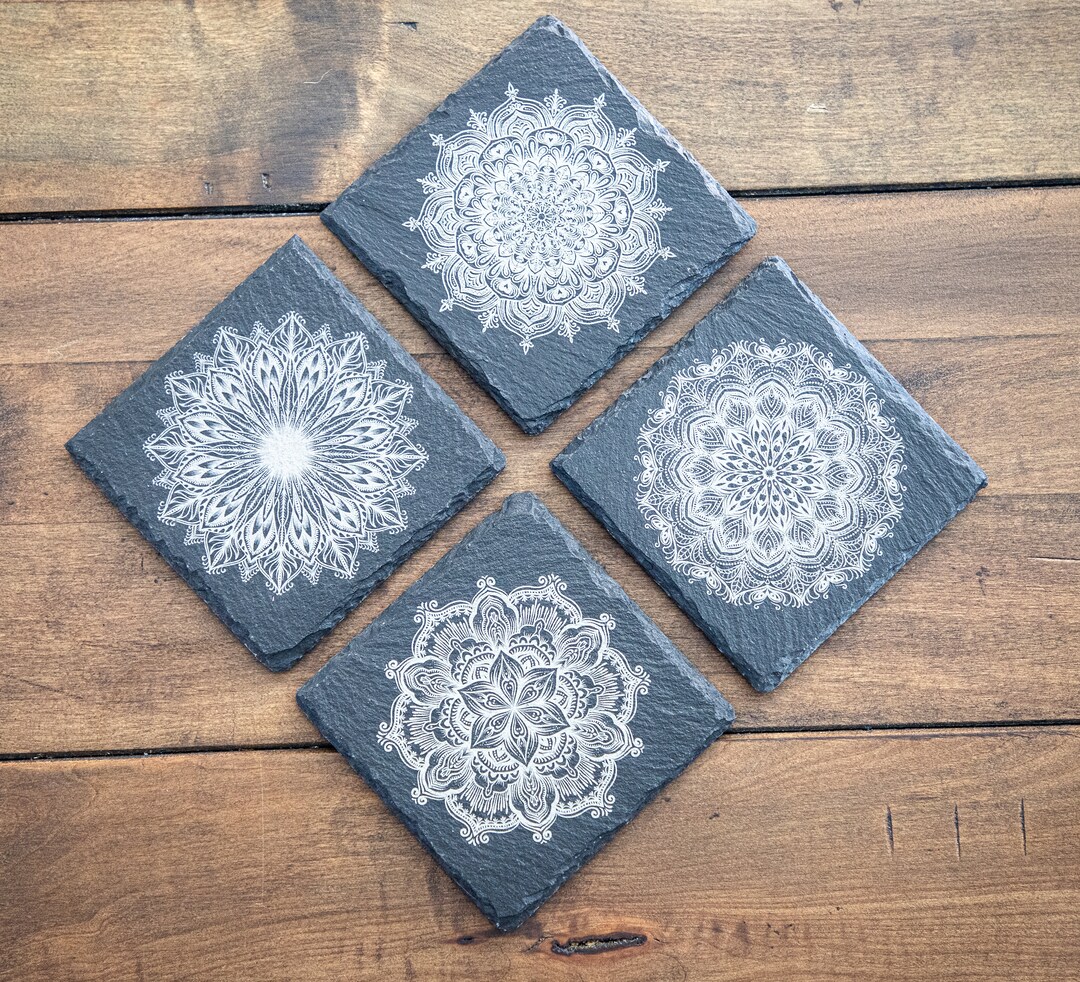 Mandala Coaster Set of 4 - 4" X 4" Black Slate Engraved Mandala Design ...