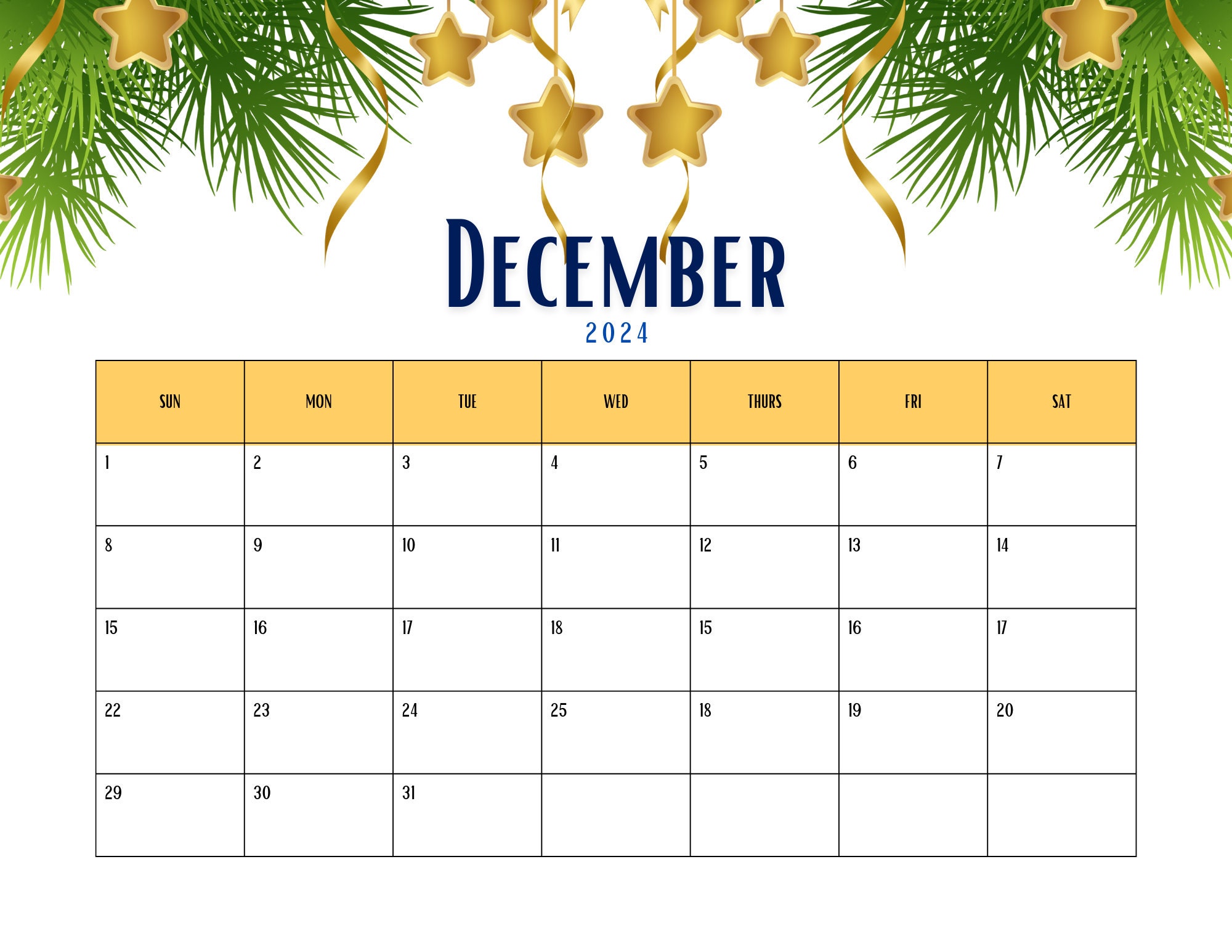 Printable and Editable December Calendar 2024 - Etsy
