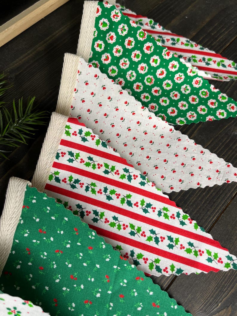 Vintage Christmas Bunting, Fabric Triangle Banner, Fireplace Mantle ...