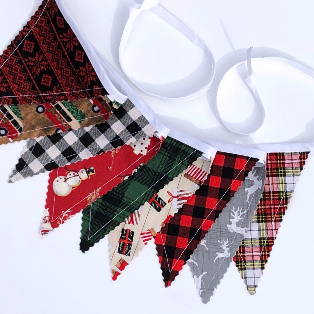 Fabric Christmas Pennant Bunting, Red Green Plaid Banner, Buffalo Check ...