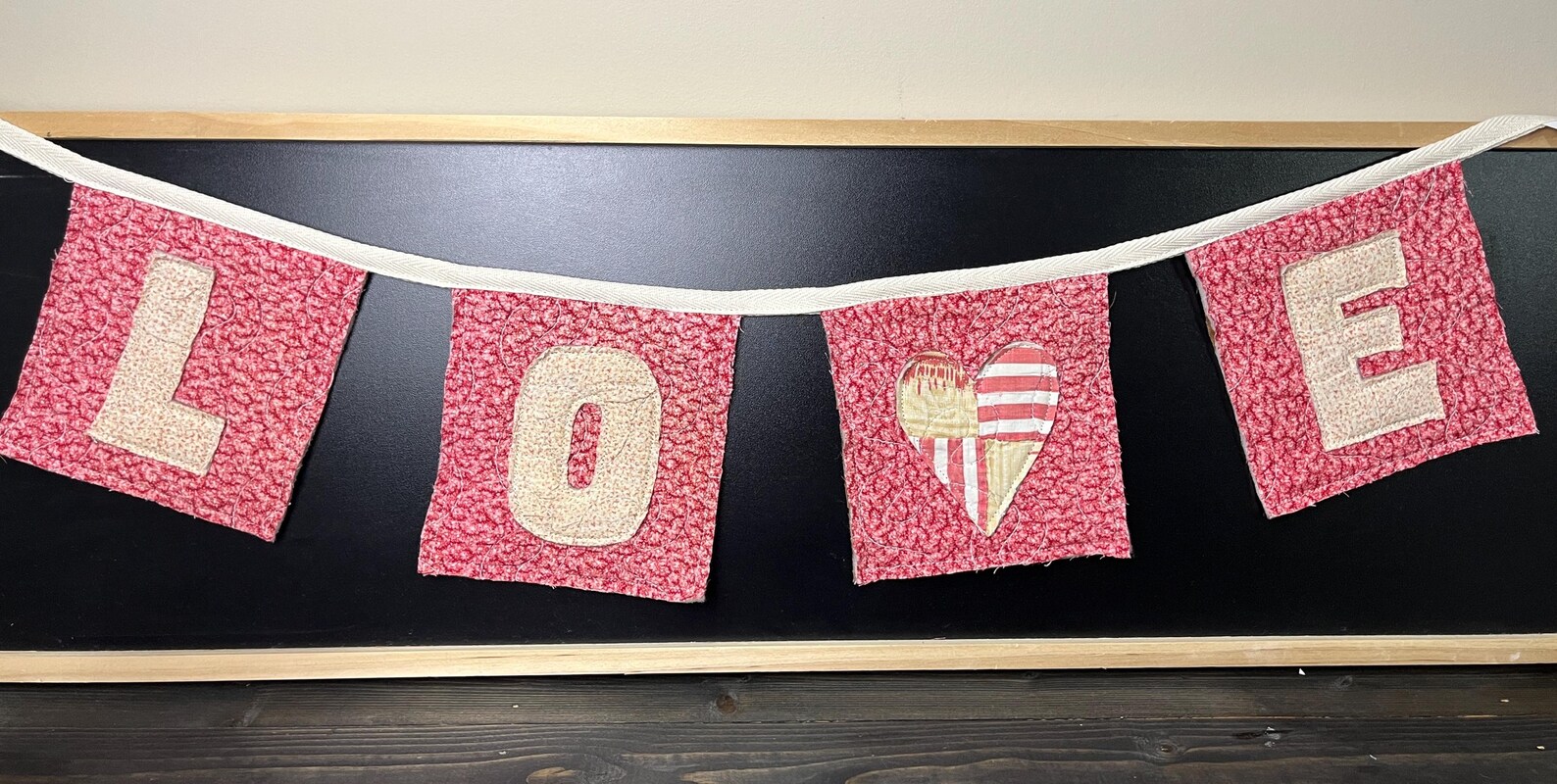 Vintage Valentine LOVE Banner, Upcycled Quilt Heart Garland, Fireplace ...