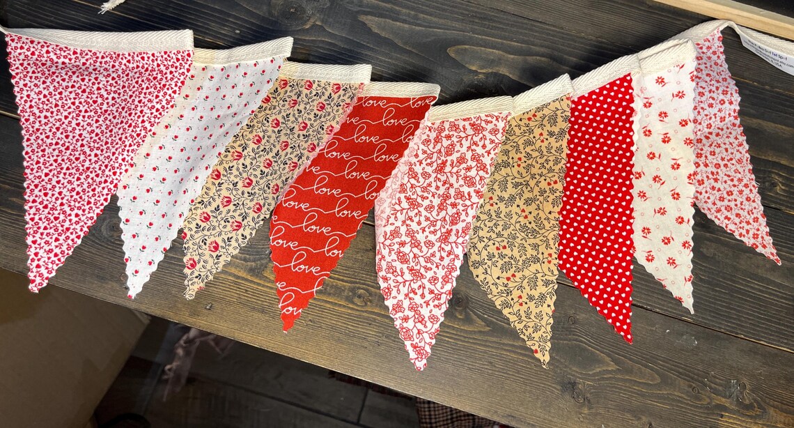 Vintage Valentines Day Bunting, Fabric Triangle Banner, Fireplace ...