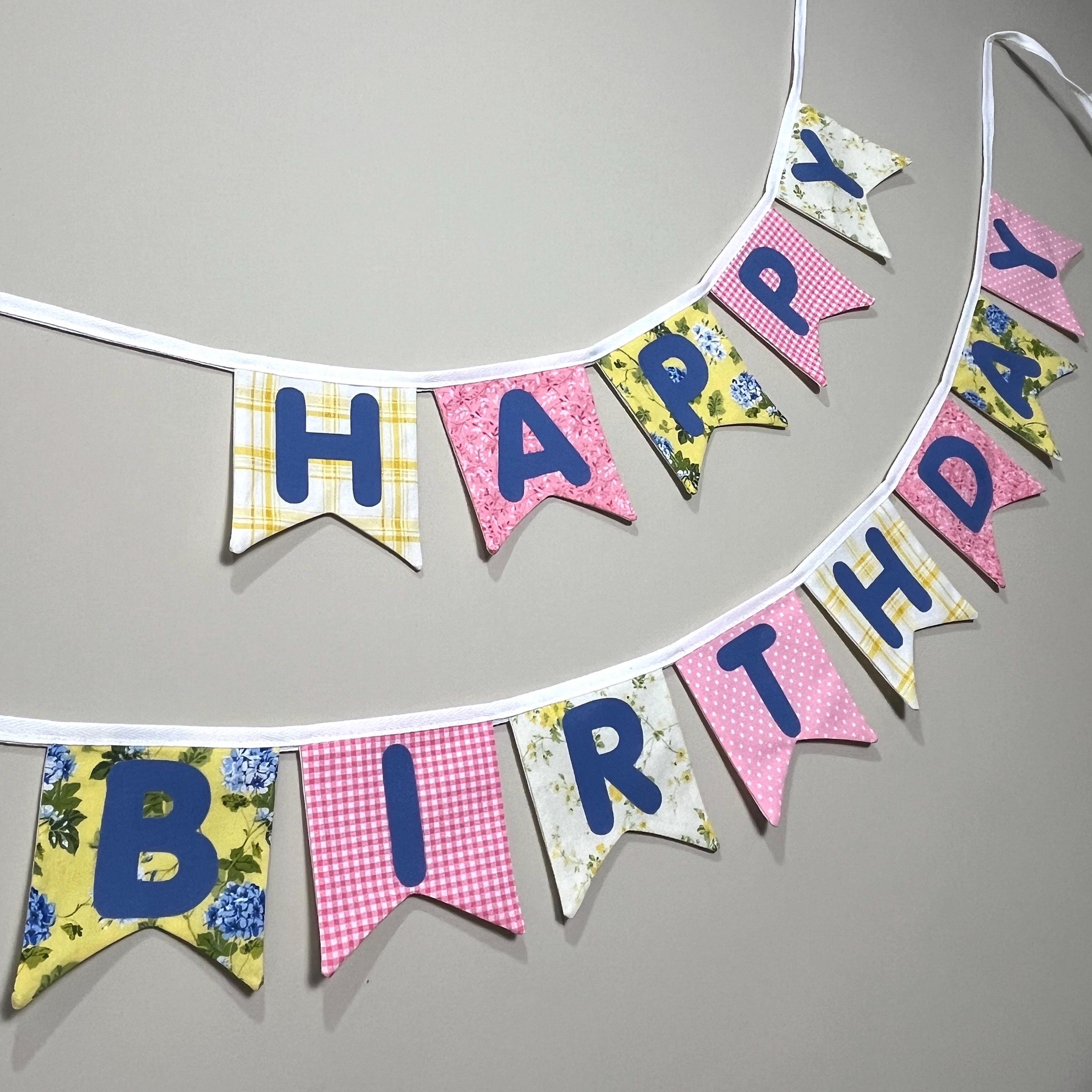 Pink Yellow Happy Birthday Banner, Custom Handmade Fabric Sign, Liberty ...