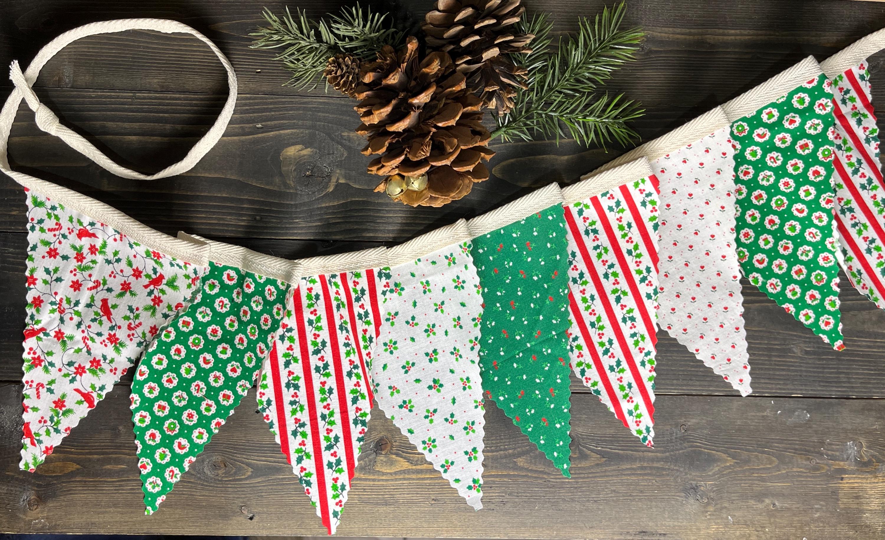 Vintage Christmas Bunting, Fabric Triangle Banner, Fireplace Mantle ...