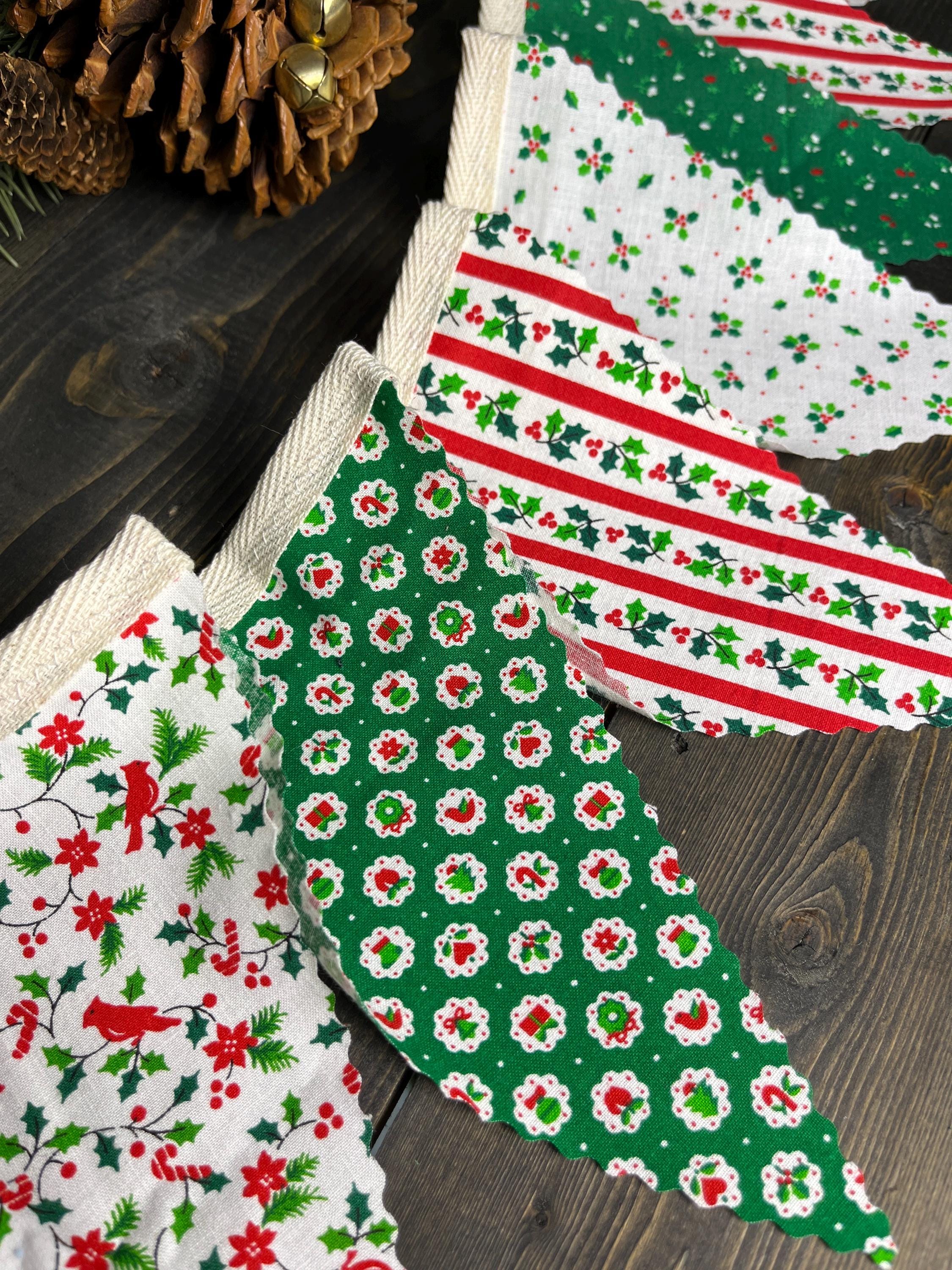 Vintage Christmas Bunting, Fabric Triangle Banner, Fireplace Mantle ...