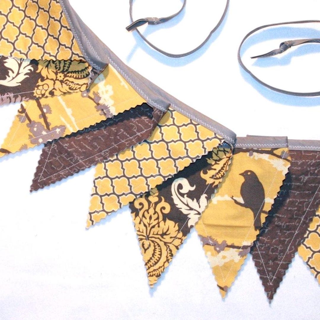 Yellow Gray Fabric Pennant Bunting, Birds on a Wire, Triangle Banner ...