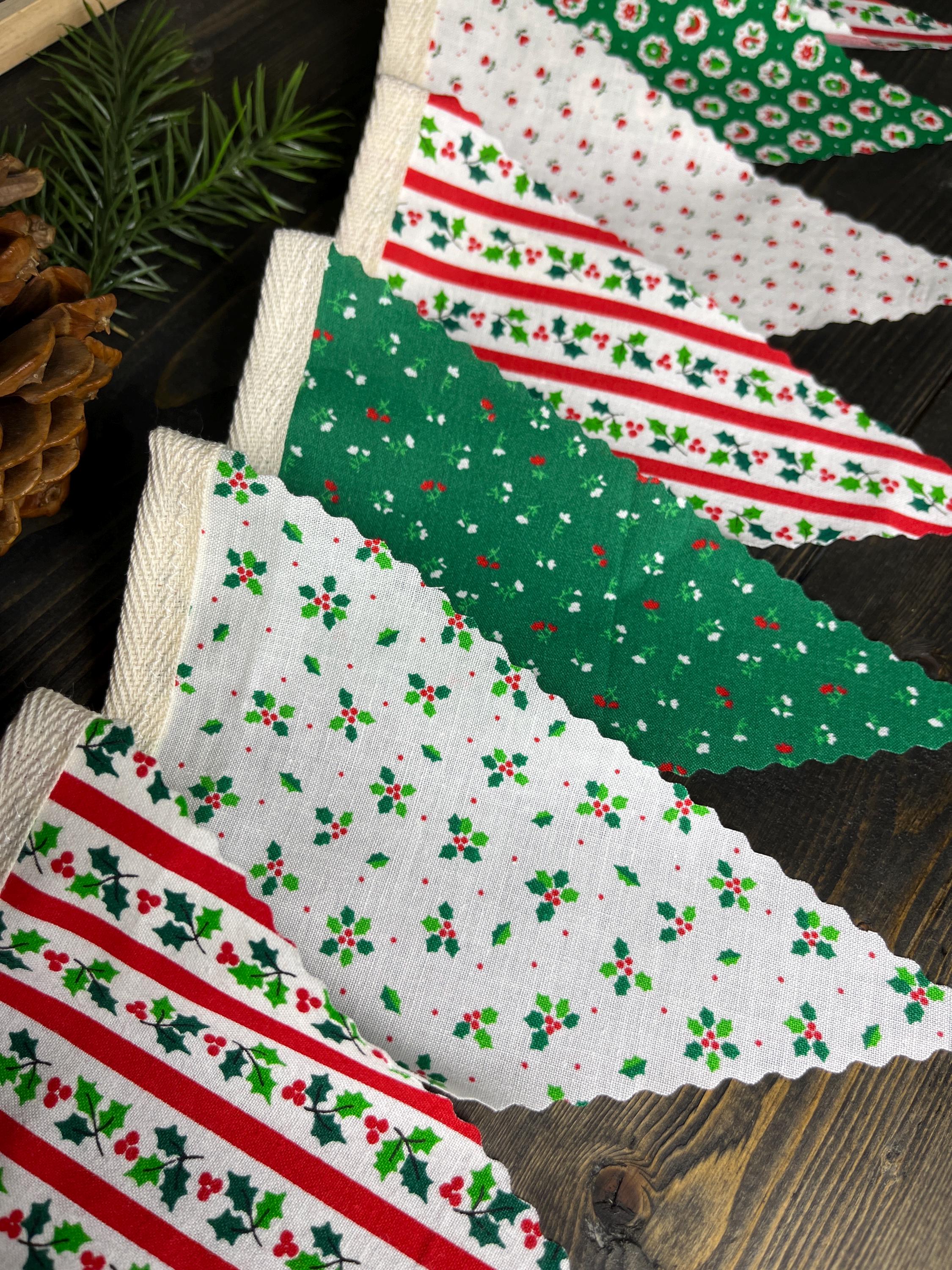 Vintage Christmas Bunting, Fabric Triangle Banner, Fireplace Mantle ...
