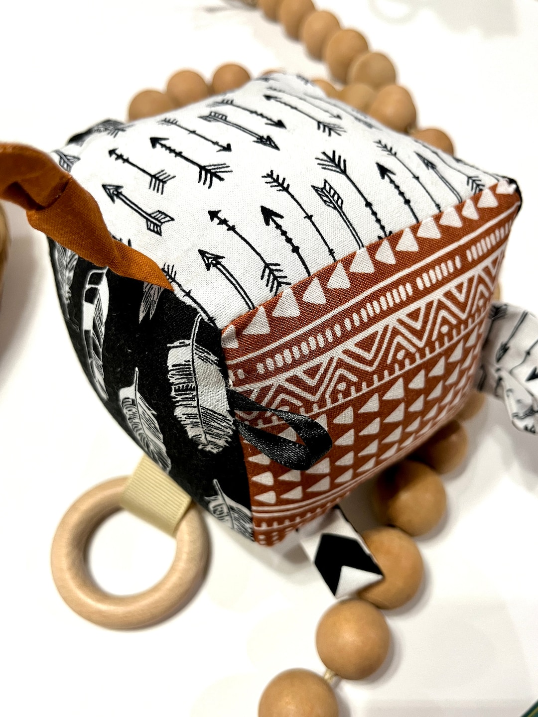 Boho Fabric Activity Cube, Sensory Block, Teething Ring Toy, Handmade ...