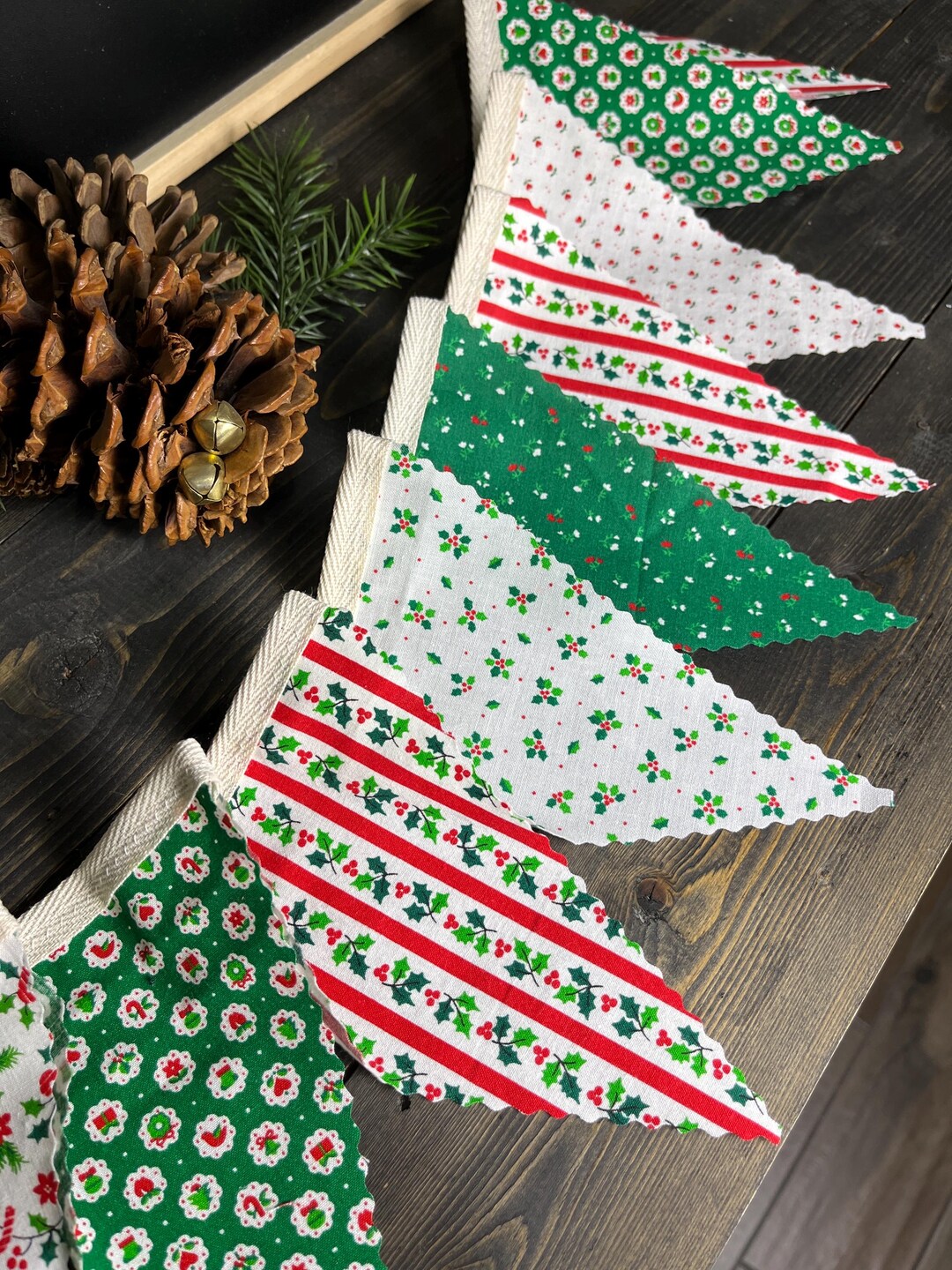 Vintage Christmas Bunting, Fabric Triangle Banner, Fireplace Mantle ...