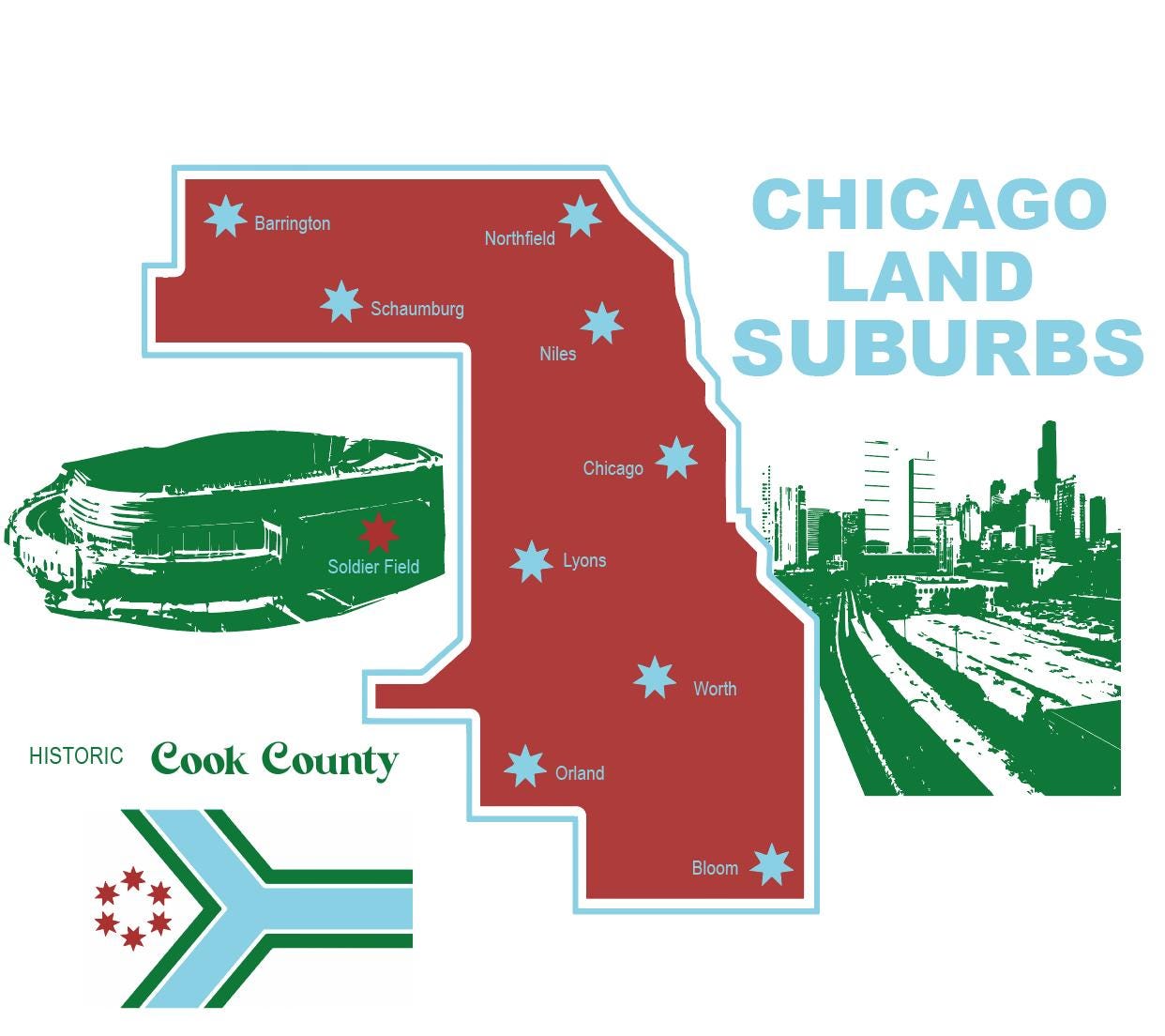 Chicago Suburbs Cook County Map - 3/4 Sleeve Shirt - Chicago Gift ...