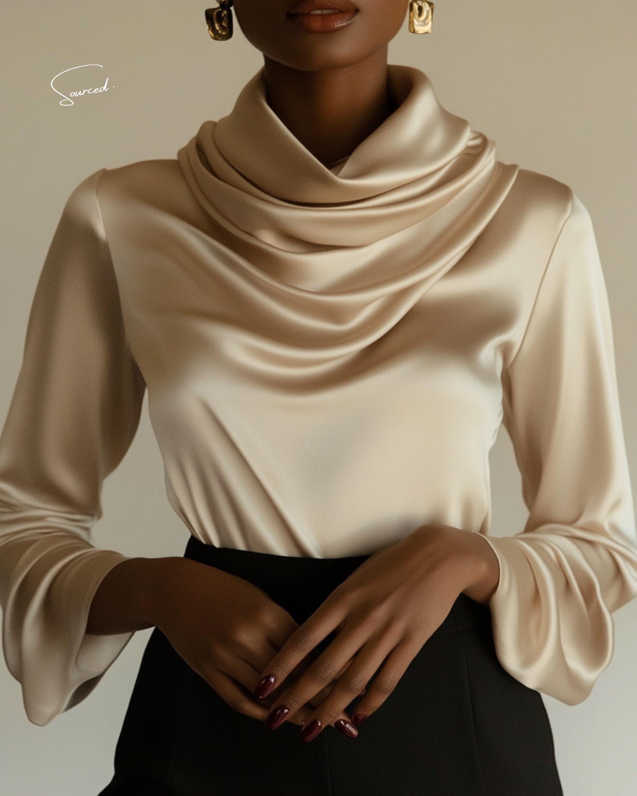 100% Mulberry Silk Draped Blouse, Cowl Neck Long Sleeve Silk Blouse for Women, Luxurious Heavy ...