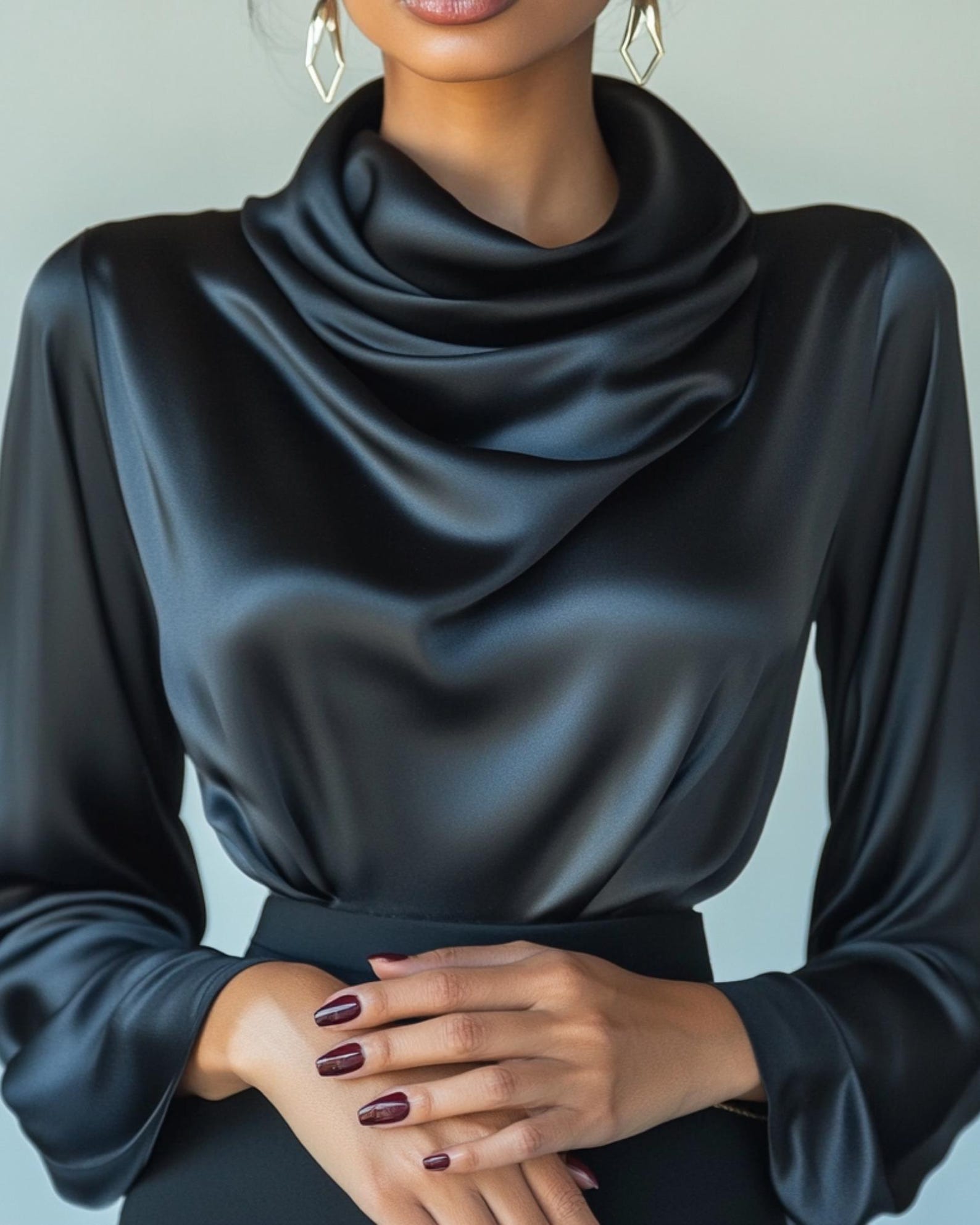 100% Mulberry Silk Draped Blouse, Cowl Neck Long Sleeve Silk Blouse for Women, Luxurious Heavy ...