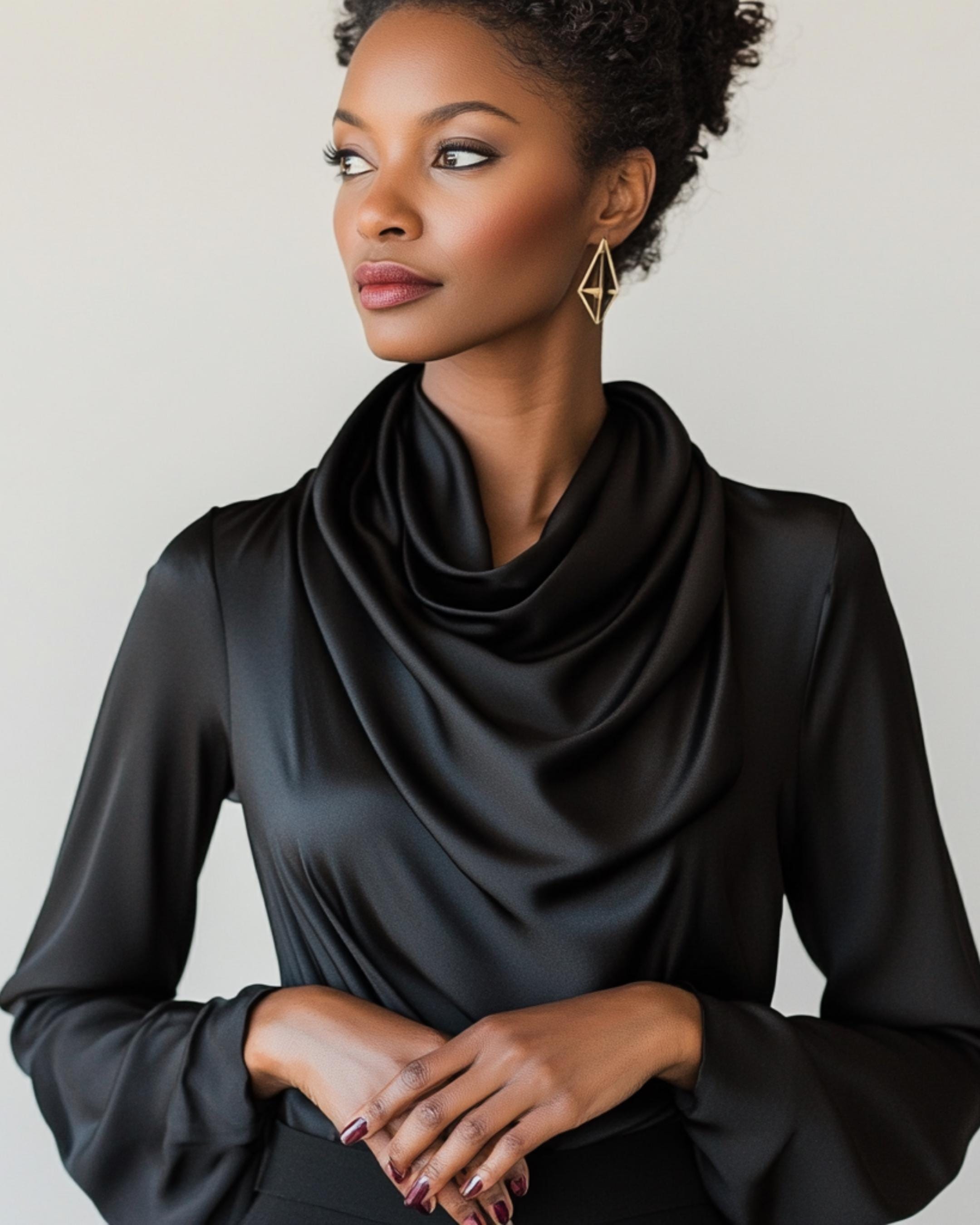 100% Mulberry Silk Draped Blouse, Cowl Neck Long Sleeve Silk Blouse for ...