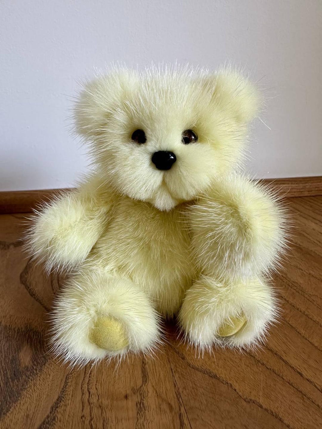 Soft Yellow Teddy Bear Keychain - Natural Mink Fur Leather, Movable ...