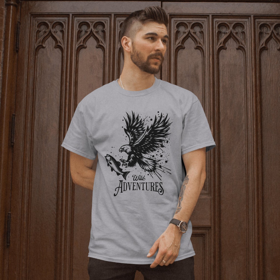 Wild Adventures T-shirt, Eagle, Eagle Hunting Fish, Vintage Text Style ...