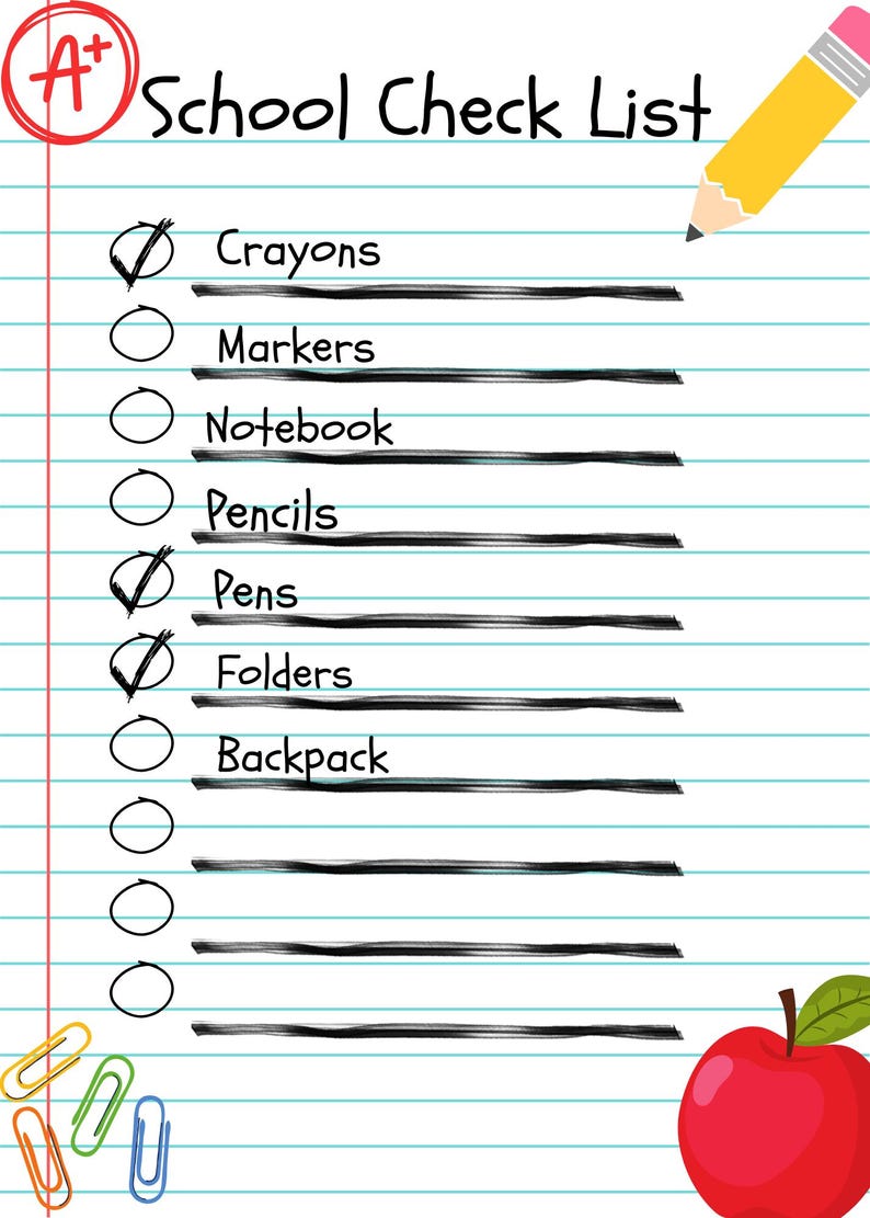 Back to School Check List - Etsy
