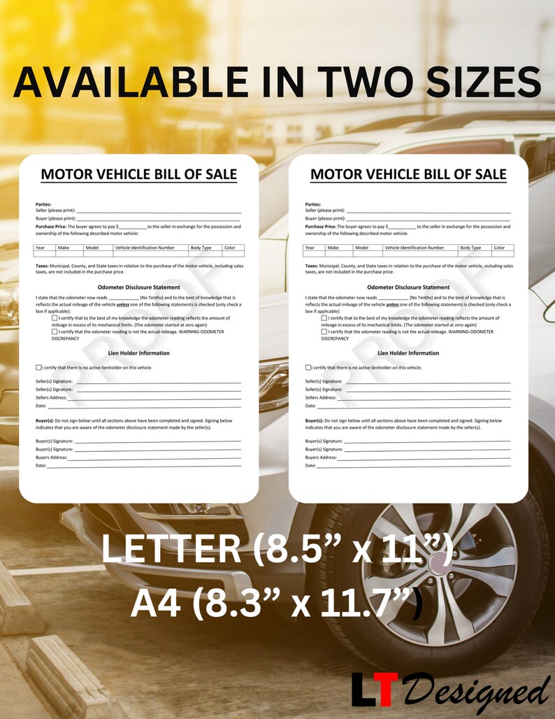 Printable Vehicle Bill of Sale. Editable Bill of Sale Contract. Auto ...
