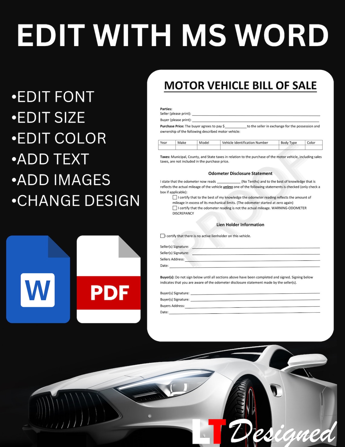 Printable Vehicle Bill of Sale. Editable Bill of Sale Contract. Auto ...