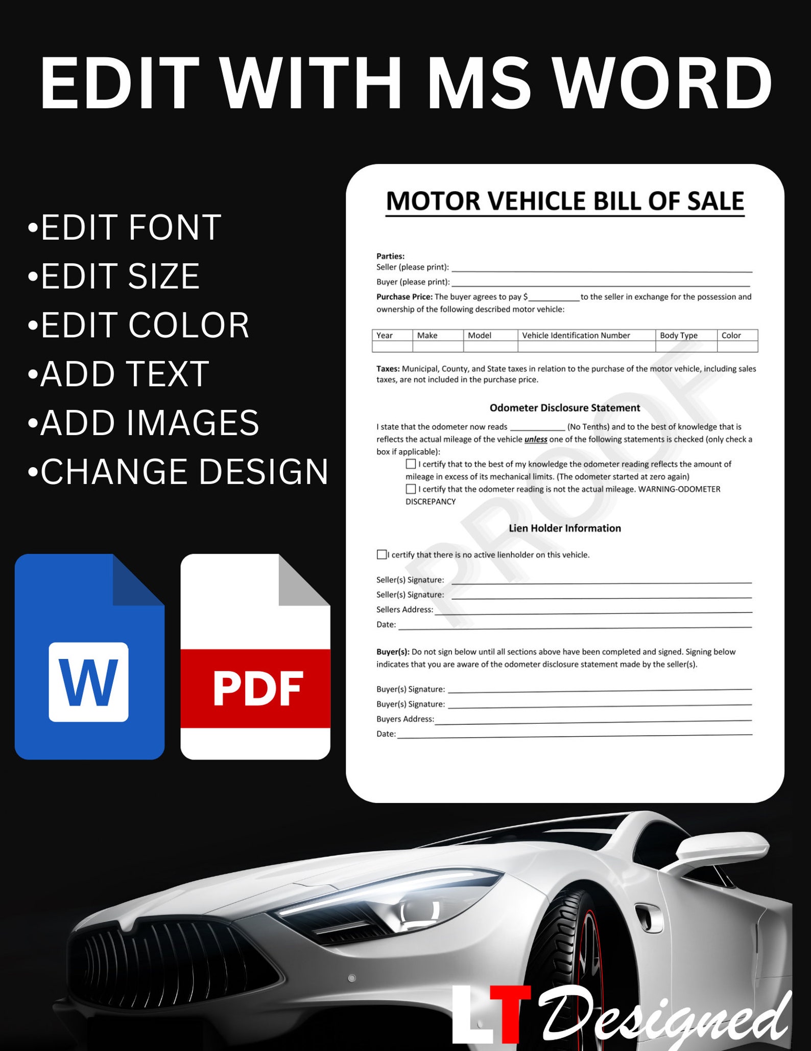 Printable Vehicle Bill of Sale. Editable Bill of Sale Contract. Auto ...